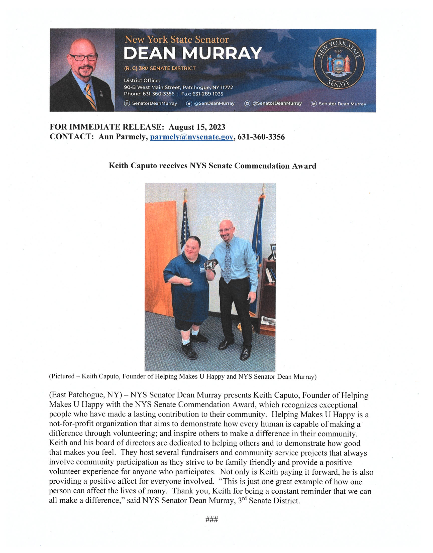 Keith Caputo receives NYS Senate Commendation Award | NYSenate.gov