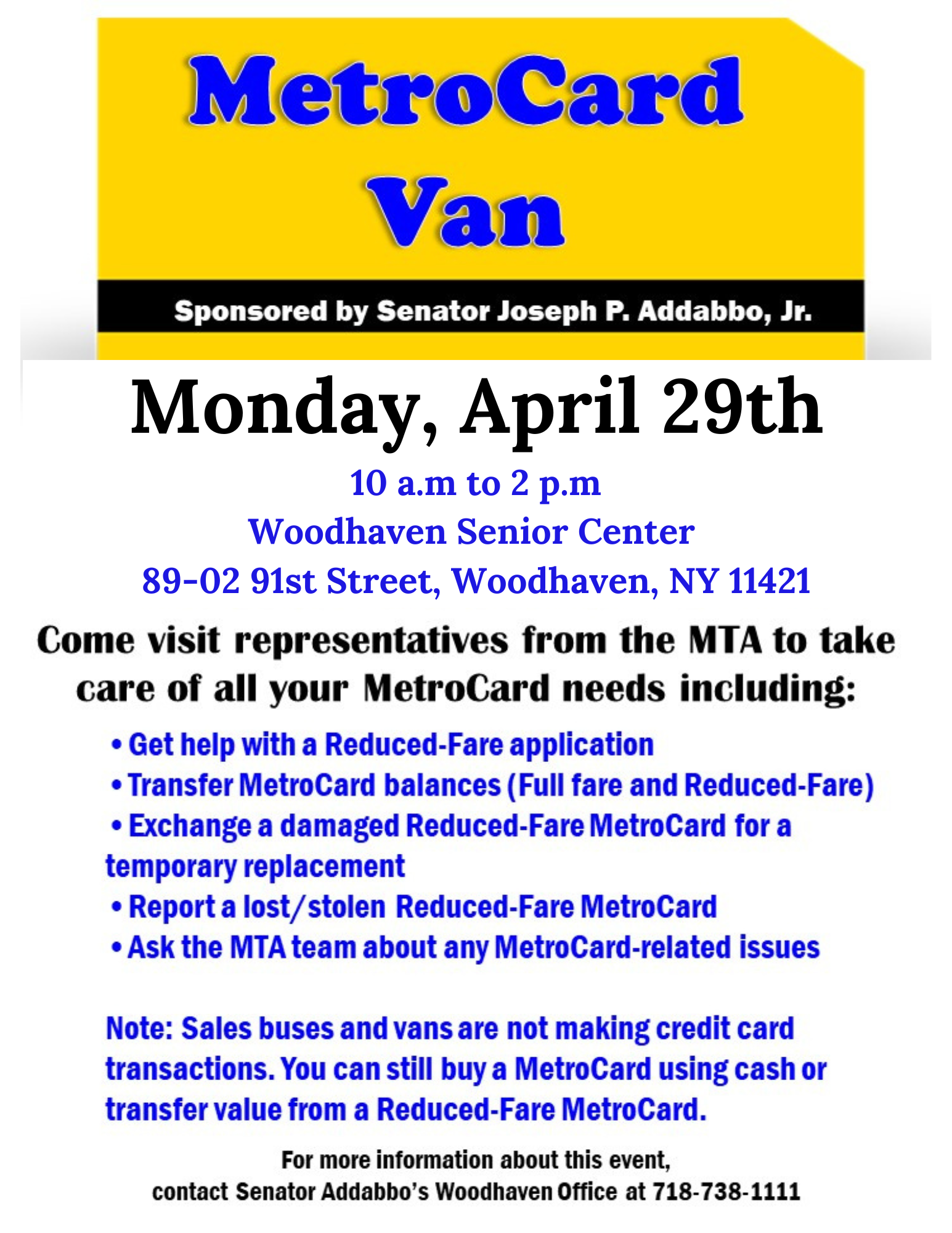 Addabbo Brings MetroCard Van to Woodhaven Senior Center | NYSenate.gov