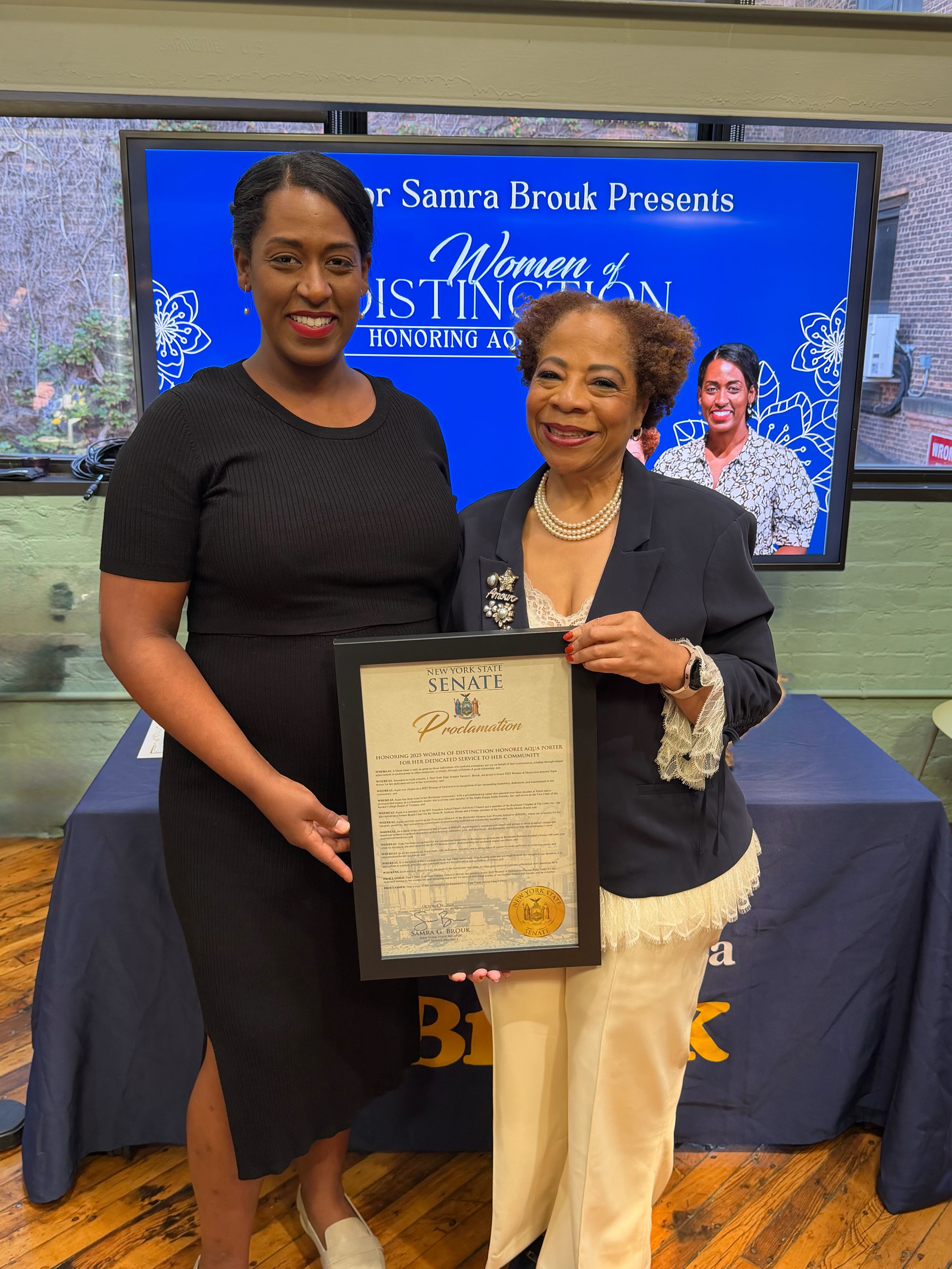 Senator Samra Brouk Honors Aqua Porter as her New York State Senate ...