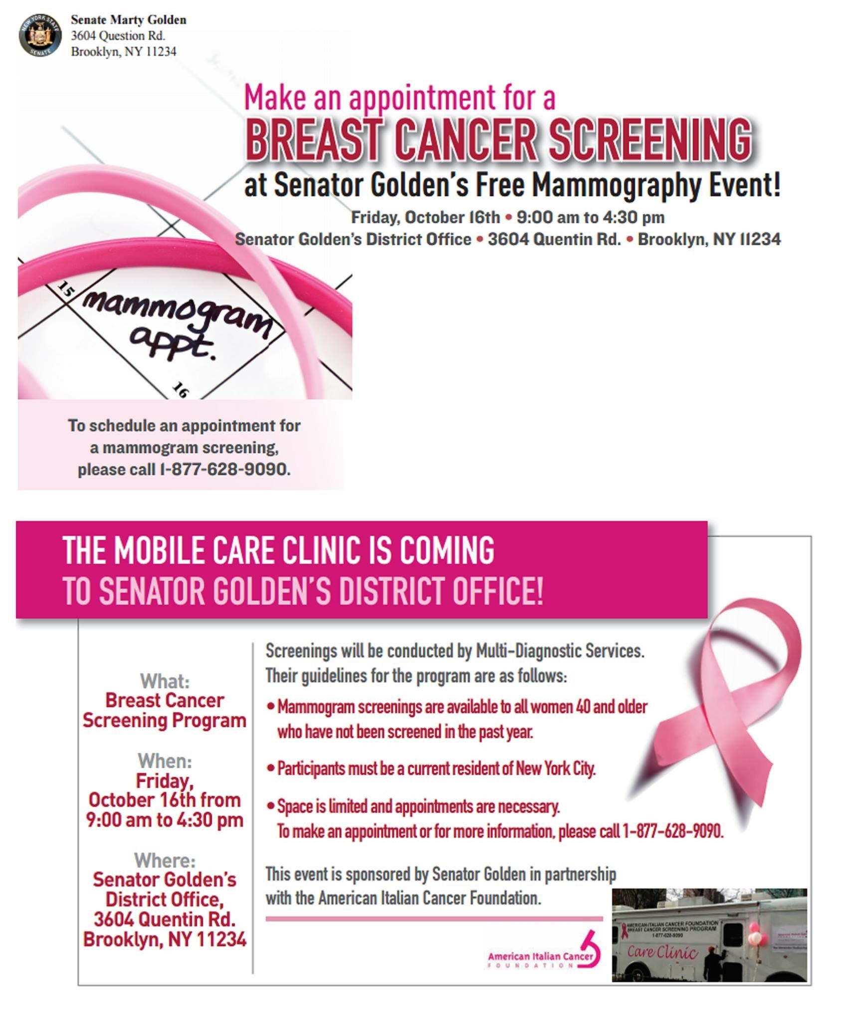 MAKE AN APPOINTMENT FOR A FREE BREAST CANCER SCREENING | NYSenate.gov