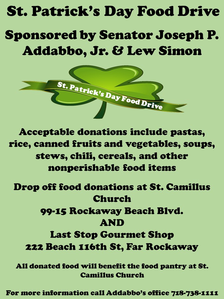 Addabbo hosts St. Patrick's Day food drive with St. Camillus Church in ...